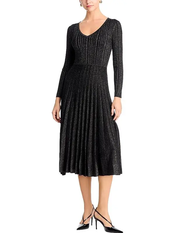 T Tahari Ribbed Metallic Threaded Sweater Dress - Black/ Gunmetal