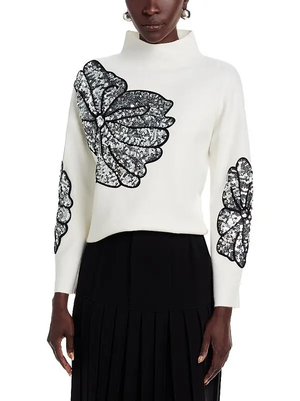 T Tahari Long Sleeve Sequin Soutache Sweater - White Star