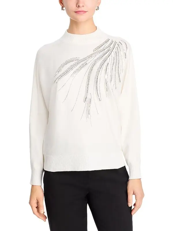 T Tahari Embellished Mock Neck Sweater - White Star