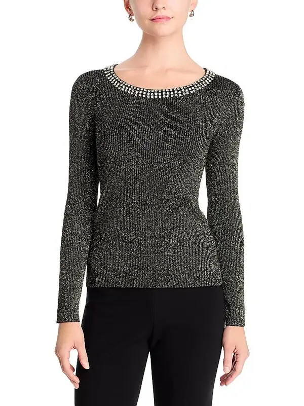 T Tahari Embellished Scoop Neck Sweater - Black/ Gold