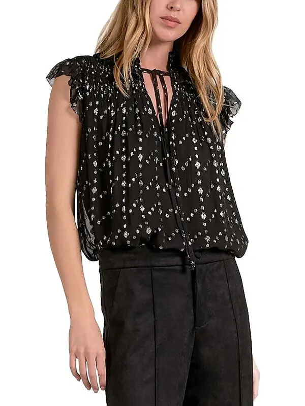 Elan Metallic Clip Dot Top - Black Geo Print