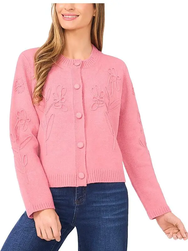 CECE DUPRAZ Floral Embroidery Cardigan Sweater - Rose