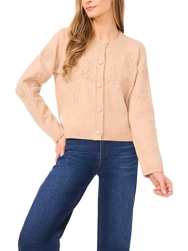 CECE DUPRAZ Floral Embroidery Cardigan Sweater - Sandcastle
