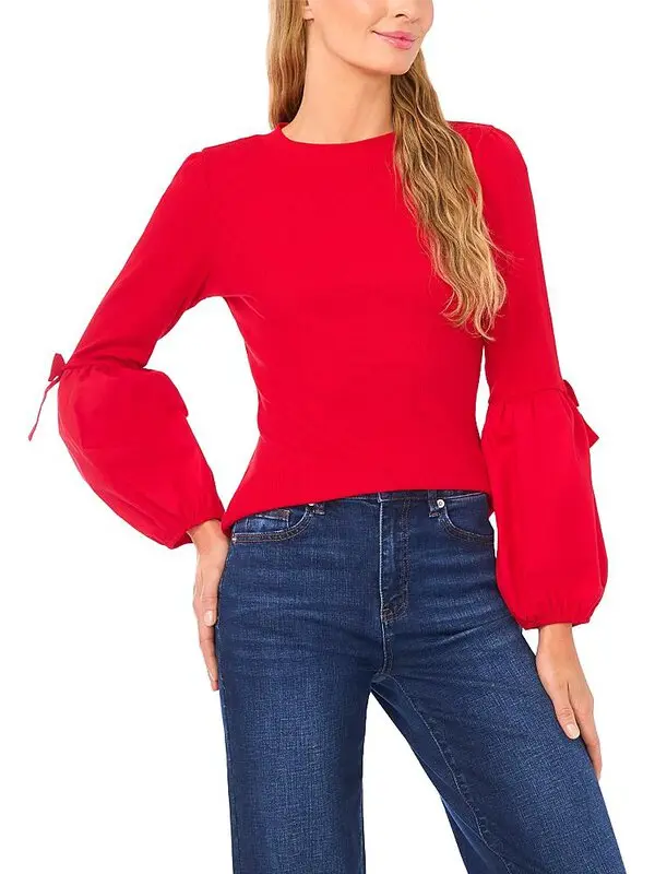 CECE DUPRAZ Mixed Media Balloon Sleeve Sweater - Stoplight Red