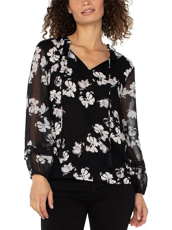 LIVERPOOL Split Neck Sheer Sleeve Top - Black/ White Floral
