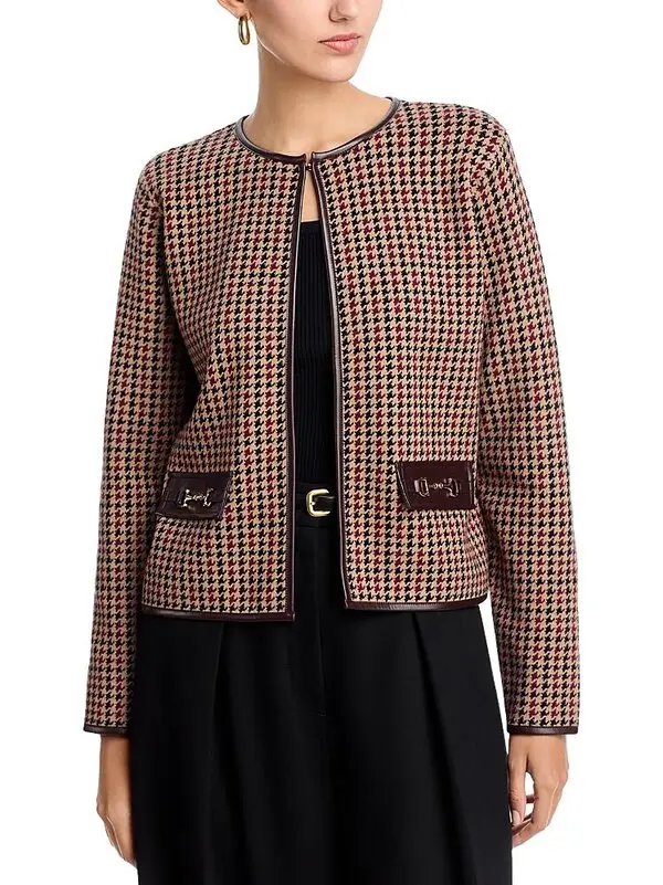 SIONI Faux Leather Trim Houndstooth Cardigan - Multi