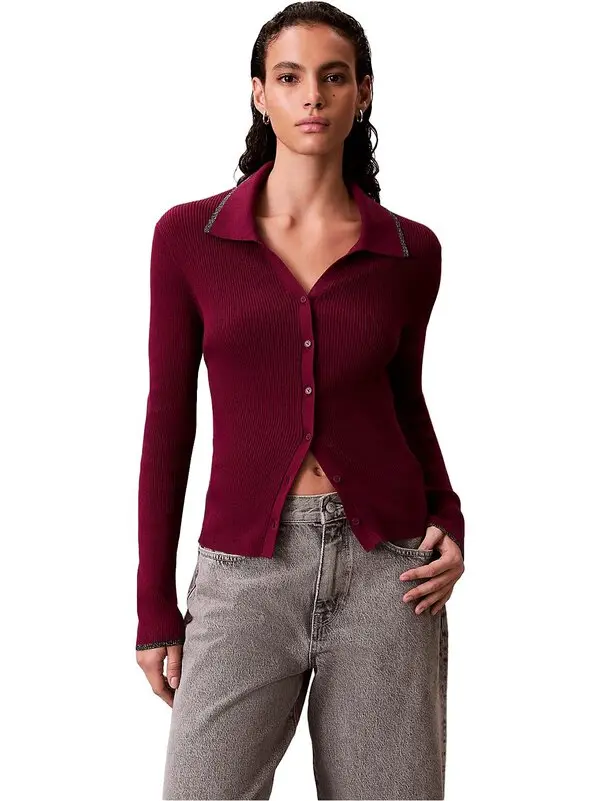 Calvin Klein Smooth Cotton Rib Tipped Polo Cardigan - Berry Glaze