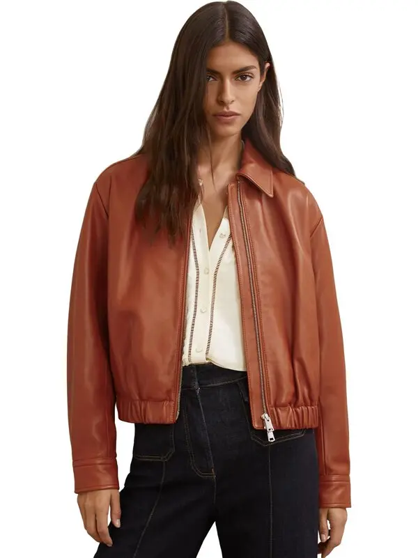 REISS Lottie Leather Cropped Bomber Jacket - Tan