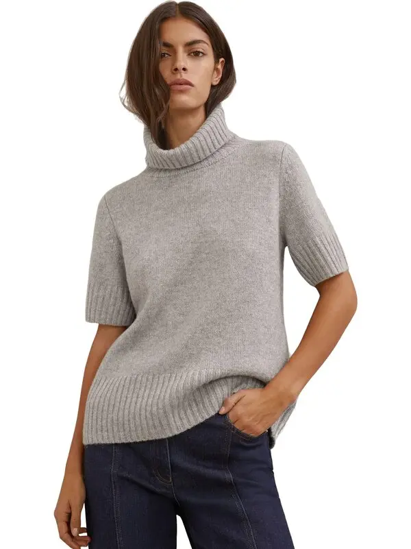 REISS Esme Cashmere Short-sleeve Roll-neck Jumper - Grey Marl