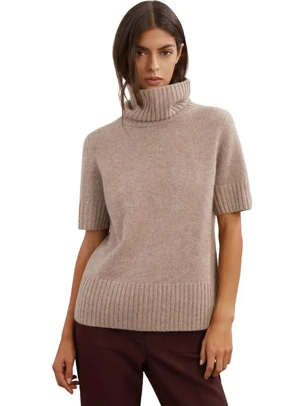 REISS Esme Cashmere Short-sleeve Roll-neck Jumper - Oatmeal Neutral