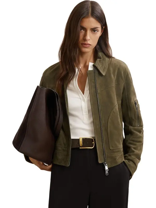 REISS Tate Suede Zip-through Jacket - Khaki Green