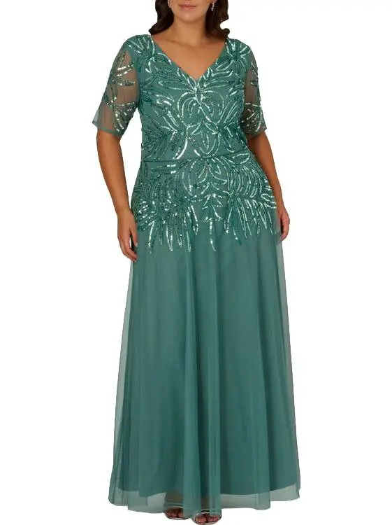 Adrianna Papell Sequin Bodice Gown - Green Slate