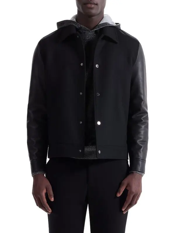 Bugatchi Leather-sleeve Tweed Bomber Jacket - Black