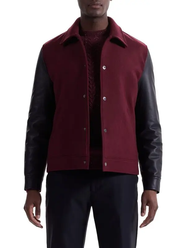 Bugatchi Leather-sleeve Tweed Bomber Jacket - Burgundy