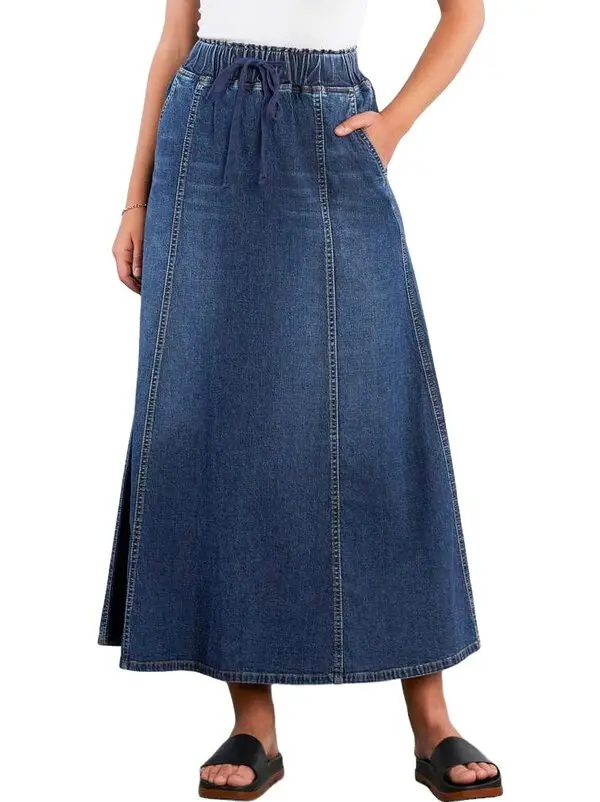 WASH LAB DENIM Tie Waist A-line Denim Maxi Skirt - Shark Blue