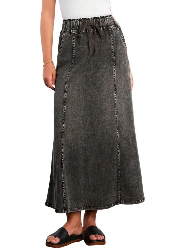 WASH LAB DENIM Tie Waist A-line Denim Maxi Skirt - Split Grey
