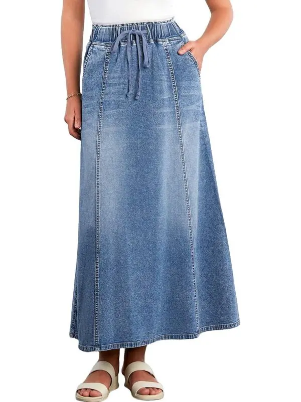 WASH LAB DENIM Tie Waist A-line Denim Maxi Skirt - Star Blue