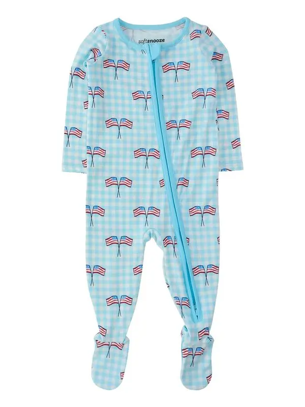 RUFFLEBUTTS Modal Blend One Piece Footie Pajamas - Blue Patriotic Gingham