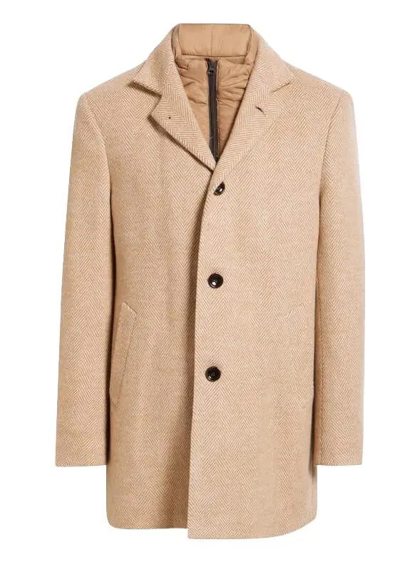 Zanella Wool And Cashmere Herringbone Overcoat With Removable Quilted Bib - Camel