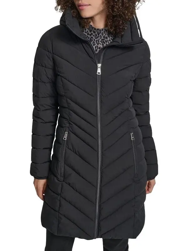 Dkny Hooded Chevron Puffer Jacket - Black