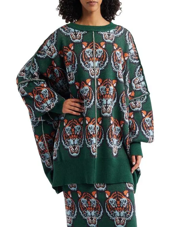 DRESSED IN LALA Intarsia Tiger Oversized Sweater - Green