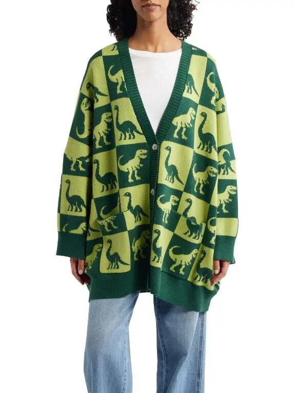 DRESSED IN LALA Dino Drama Oversize Jacquard Cardigan - Green