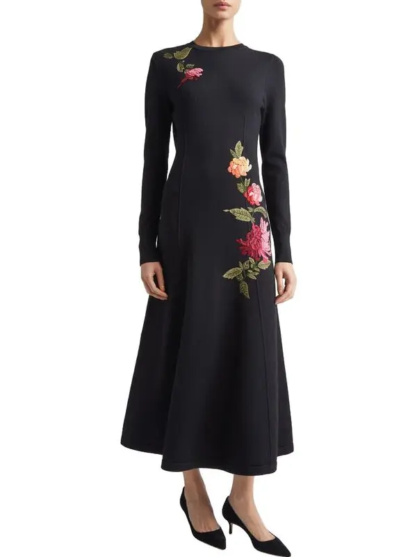 Carolina Herrera Chrysanthemum Embroidered Jersey Midi Dress - Black Multi