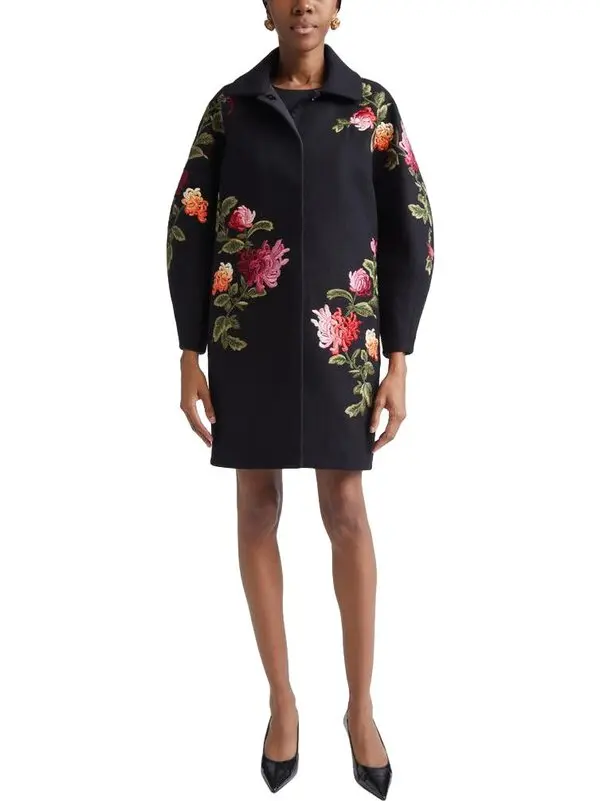 Carolina Herrera Chrysanthemum Embroidered Virgin Wool Cocoon Coat - Black Multi