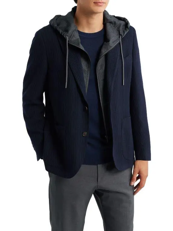 JACK VICTOR Wolsey Rib Knit Wool Sport Coat With Removable Hooded Bib - Navy