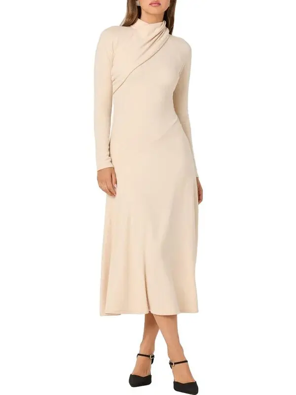 Astr The Label A-line Mock Neck Long Sleeve Dress - Cream