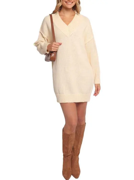 PETAL & PUP Sancia Long Sleeve Sweater Mini Dress - Cream