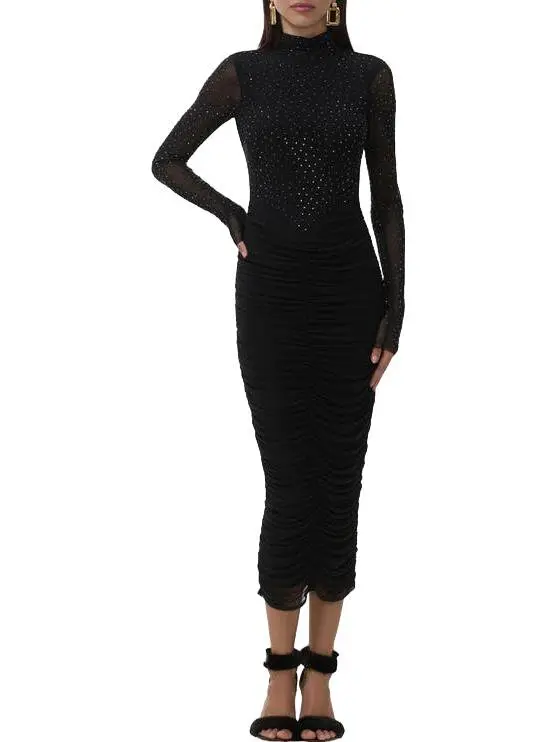 AFRM Cruz Rhinestone Long Sleeve Mesh Midi Dress - Noir