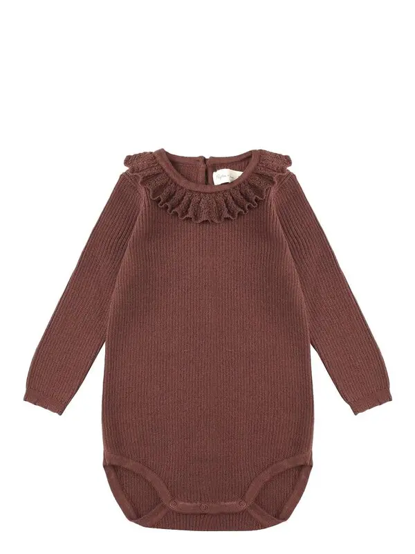 RYLEE + CRU Ruffle Collar Rib Bodysuit - Burgundy