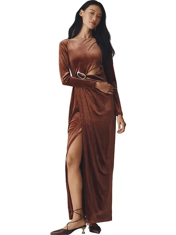 Avec Les Filles Long-sleeve Cutout Velvet Maxi Dress - Brown