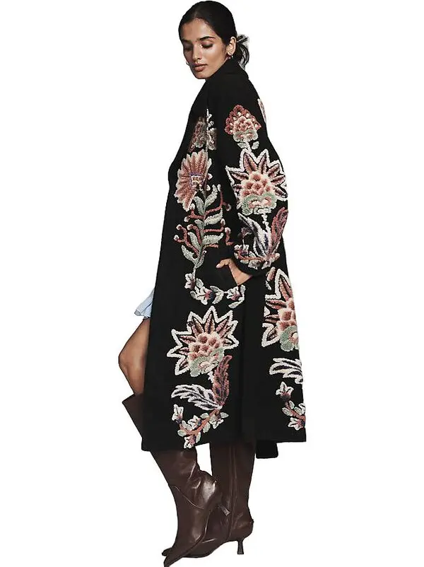 Farm Rio Belted Floral Fleece Cardigan Sweater - Black Floral