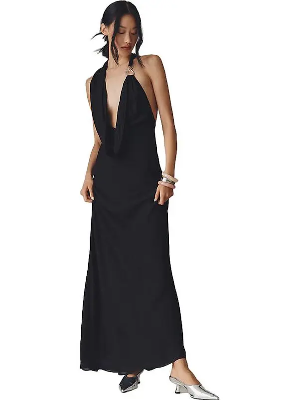 Misha Collection Cascada Halter Hardware Draped Maxi Dress - Black