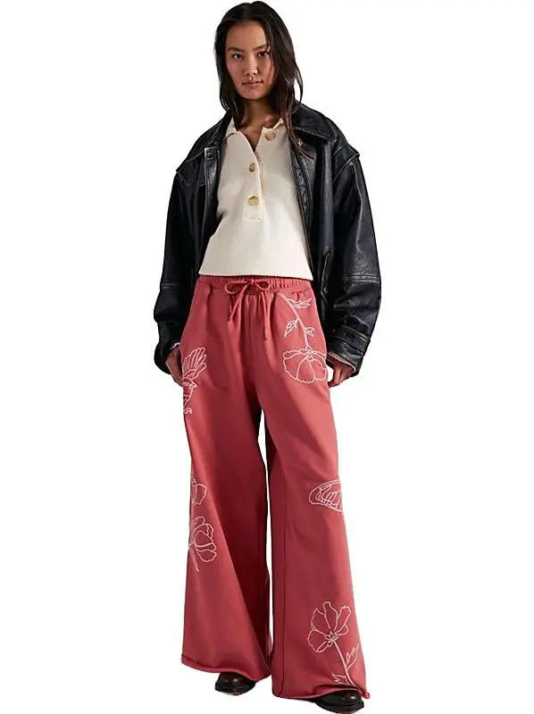 DENIM AND BONE Floral Embroidered Wide-leg Sweatpants - Ecru