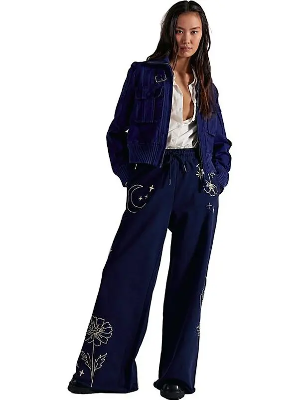 DENIM AND BONE Floral Embroidered Wide-leg Sweatpants - Navy
