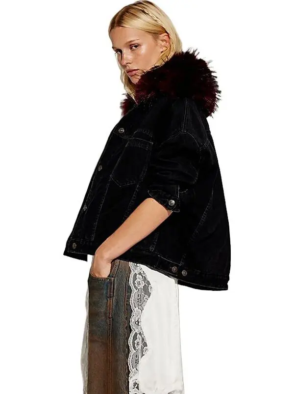 Free People Opal Swing Faux Fur Collar Trucker Jacket - Black