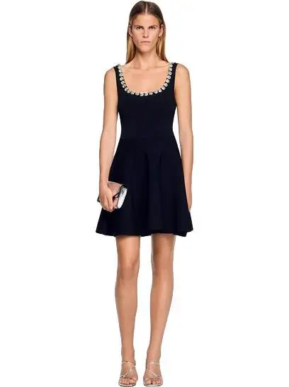 Sandro Mini Knit Dress With Rhinestone Neck - Black