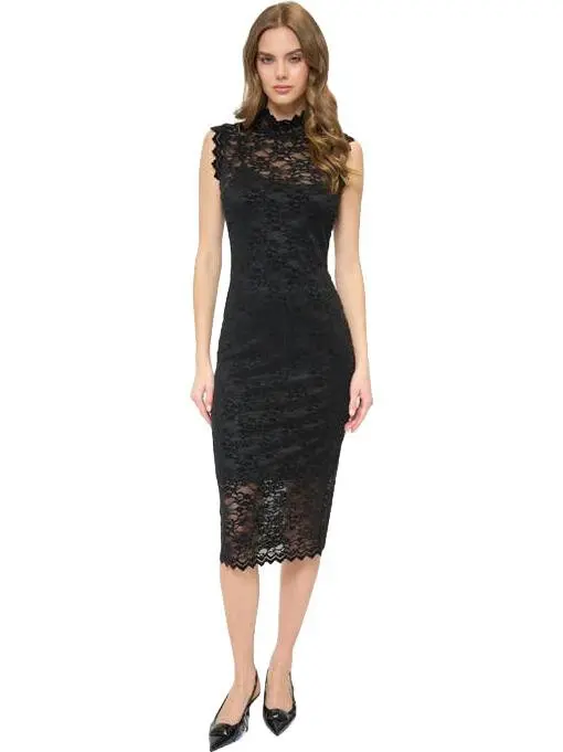 Central Park West Sleeveless Lace Turtleneck Midi Dress - Black