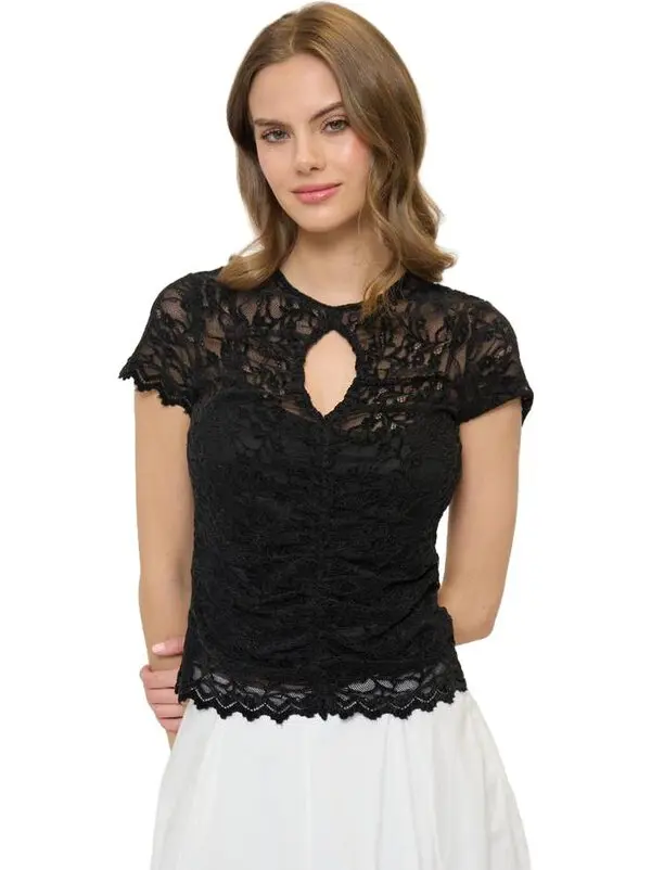 Central Park West Stella Ruched Lace Top - Black