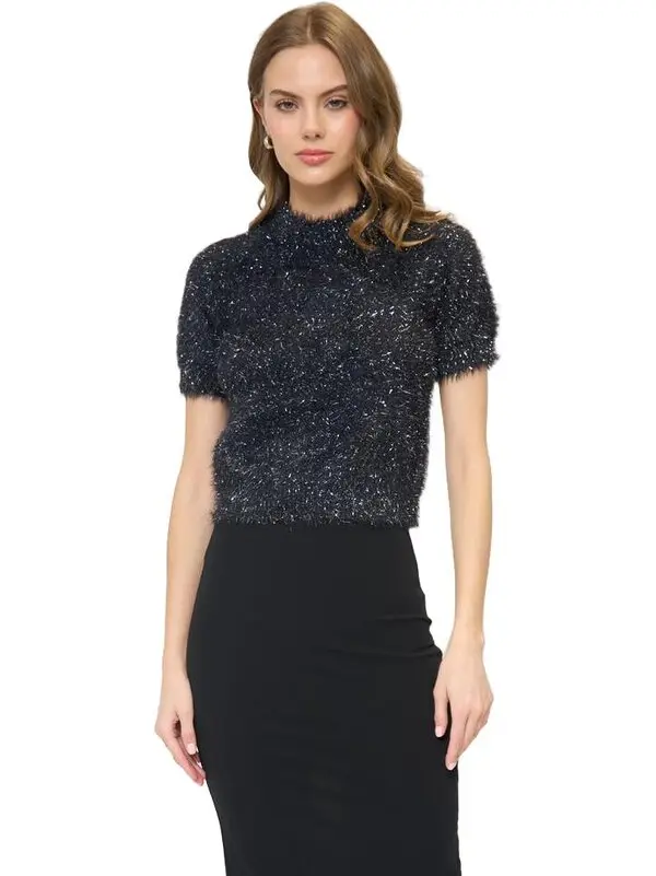 Central Park West Colette Eyelash Lurex Cap Sleeve Crewneck Top - Black