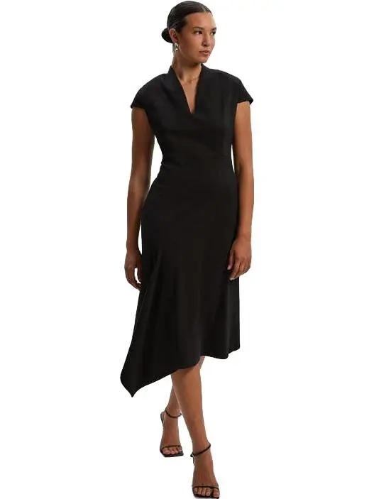 Karen Millen Ponte V-neck Asymmetric Midi Dress - Black