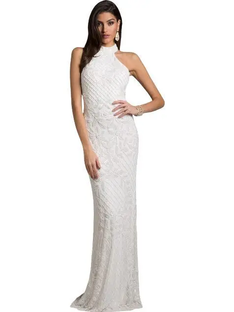 LARA NEW YORK Lattice-beaded Halter Neck Sheath Gown - Ivory