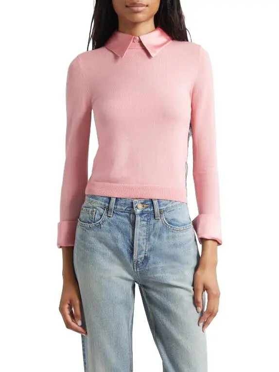Alice + Olivia Porla Collared Mixed Media Silk Sweater - Rose Tea