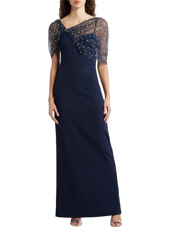 Eliza J Faux Pearl Mesh Detail Gown - Navy