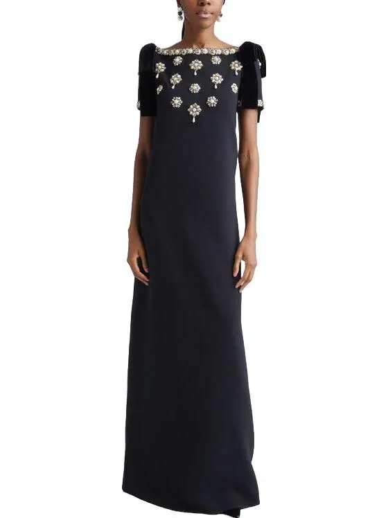 Carolina Herrera Embellished Bow Shoulder Column Gown - Black Multi