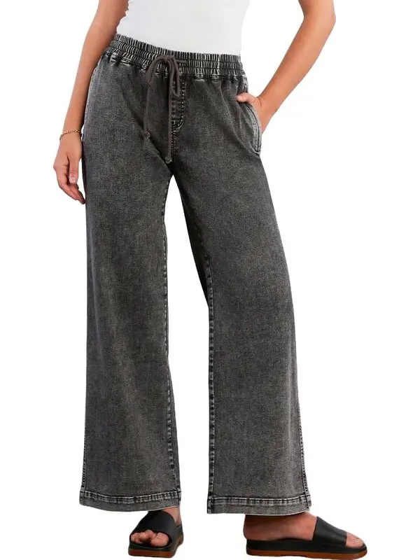 WASH LAB DENIM Drawstring Waist Wide Leg Jeans - Black Diamond