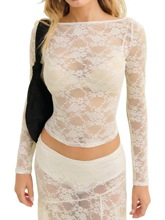 REFORMATION Adriano Sheer Floral Lace Top - Ivory Lace
